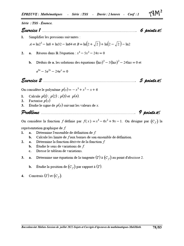 Sujets de Maths Bac TSS 2022 Mali | PDF
