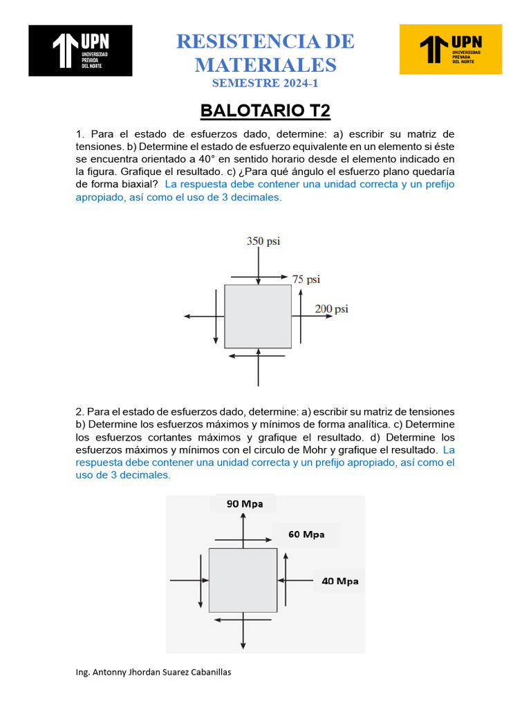 Balotario T2 - Resistencia de Materiales - Upn 2024-I (F) | PDF | Viga (Estructura) | Mecánica ...