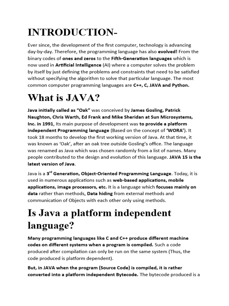 INTRODUCTION 1 | PDF | Java (Programming Language) | Cross Platform ...