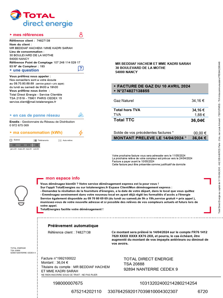 Facture de Gaz TotalEnergies 04/2024 | PDF | Taxe sur la valeur ajoutée ...