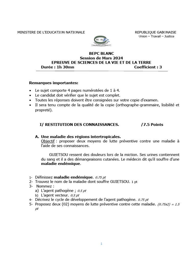 Épreuve BEPC Blanc SVT 2024 Gabon | PDF | Poisson | Biologie