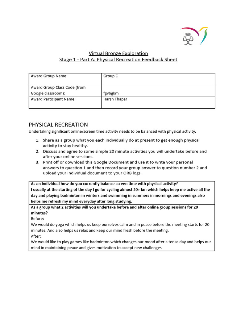 Stage 1 - Part A Physical Recreation Feedback Form | PDF