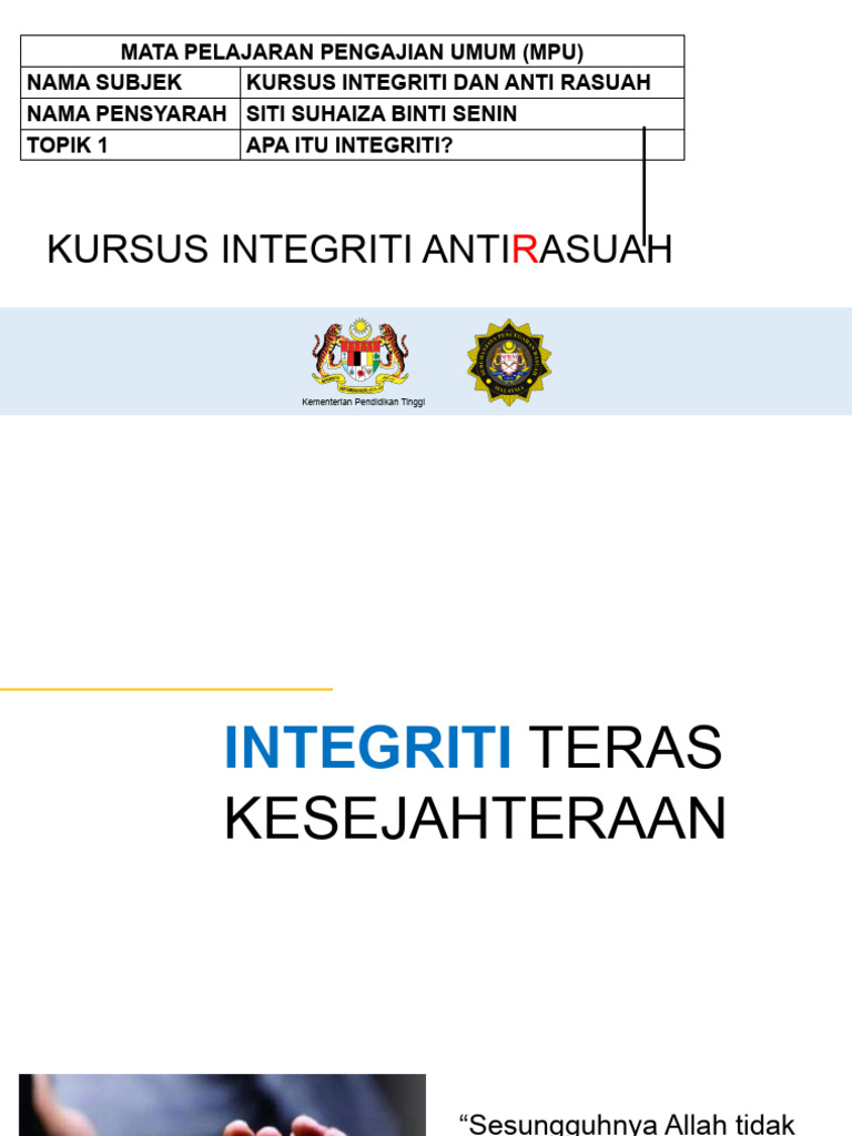 Topik 1 - Integriti Teras Kesejahteraan | PDF