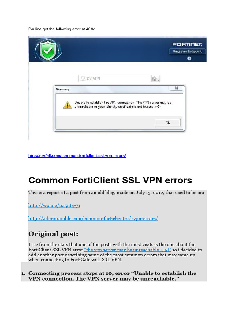 Common Forticlient Errors | Download Free PDF | Computer Network | Virtual Private Network