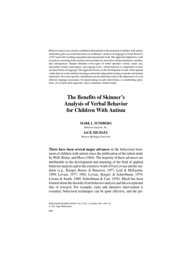 Lectura Recomendada - Sundberg and Michael - The Benefits of Skinner's Analysis of Verbal Behav ...