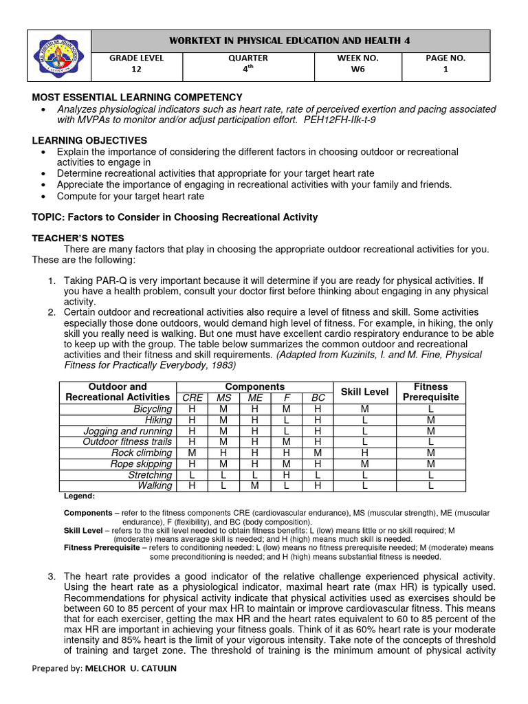 SHS - PE 4 - Q4 - W6 Factors To Consider in Choosing Recreational ...