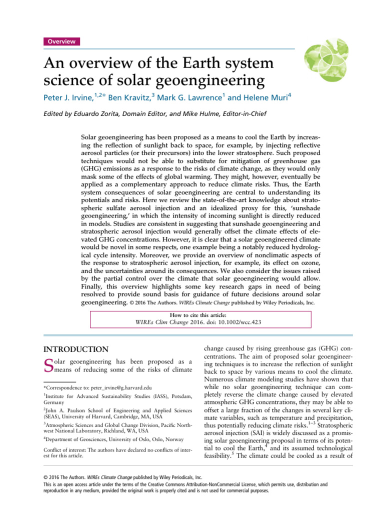 Irvine Et Al 2016 Overview of The Earth System Science of Solar ...