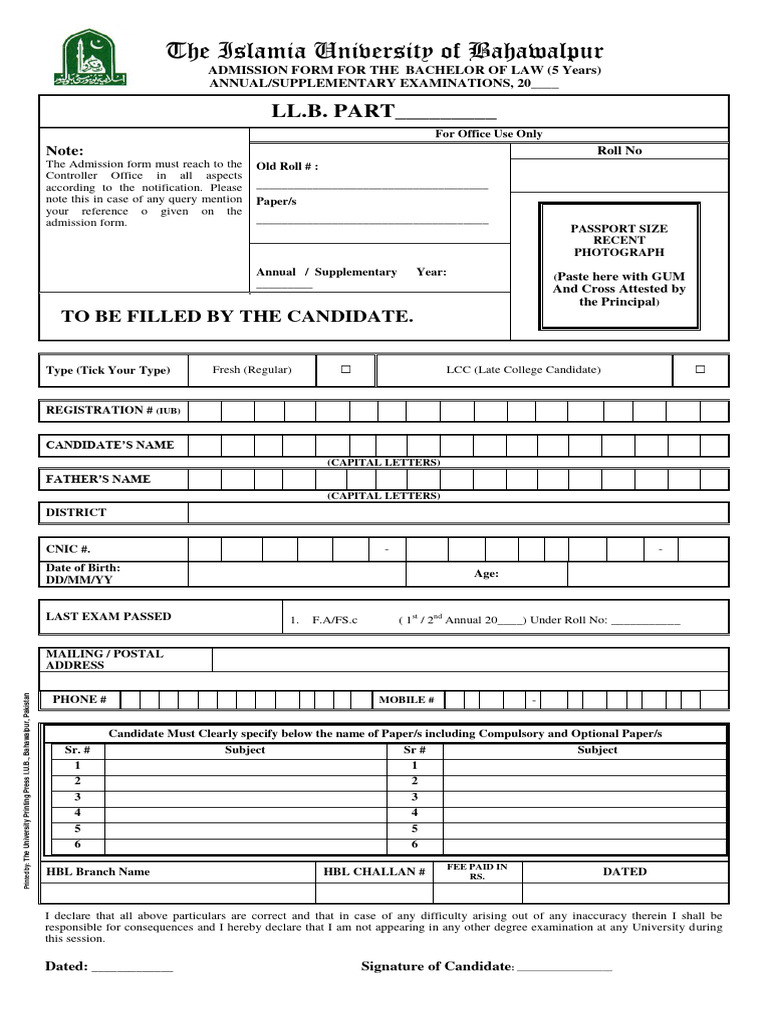 LLB 5 Years Admission Form | PDF