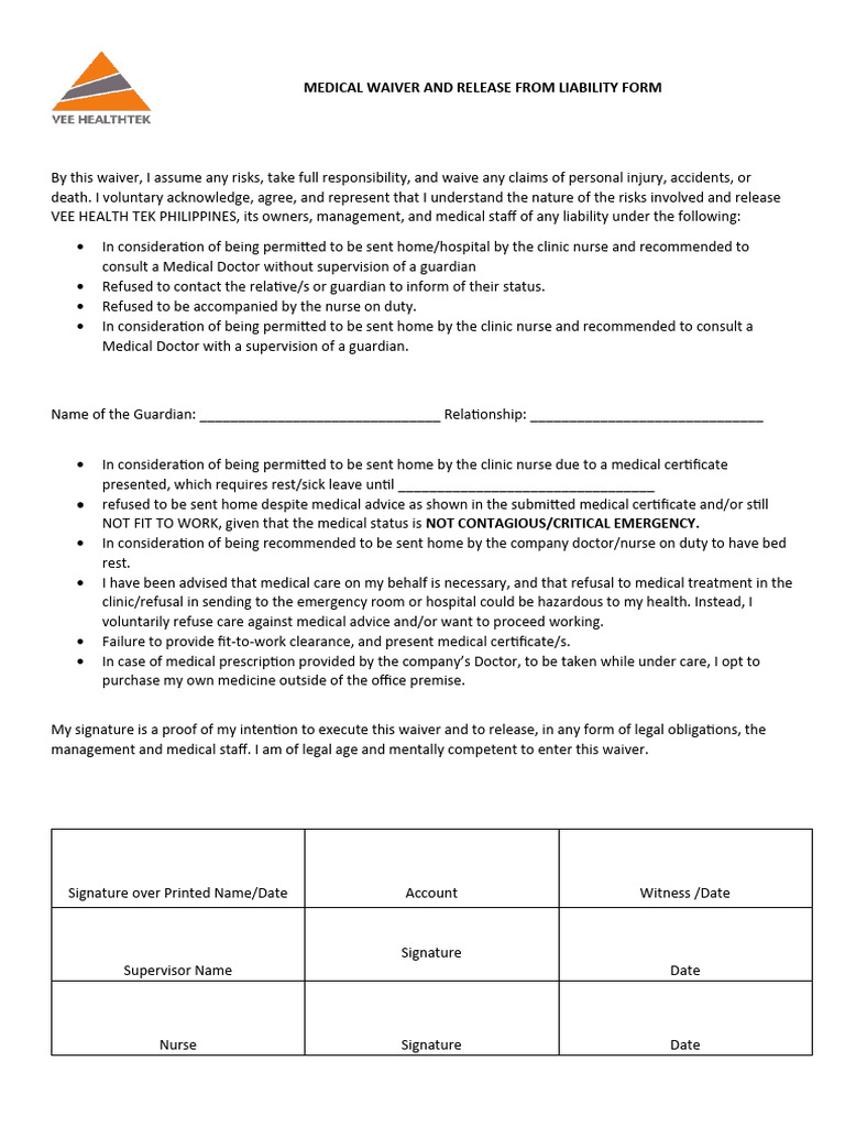 MEDICAL WAIVER AND RELEASE FROM LIABILITY FORM (1) | PDF | Nursing ...