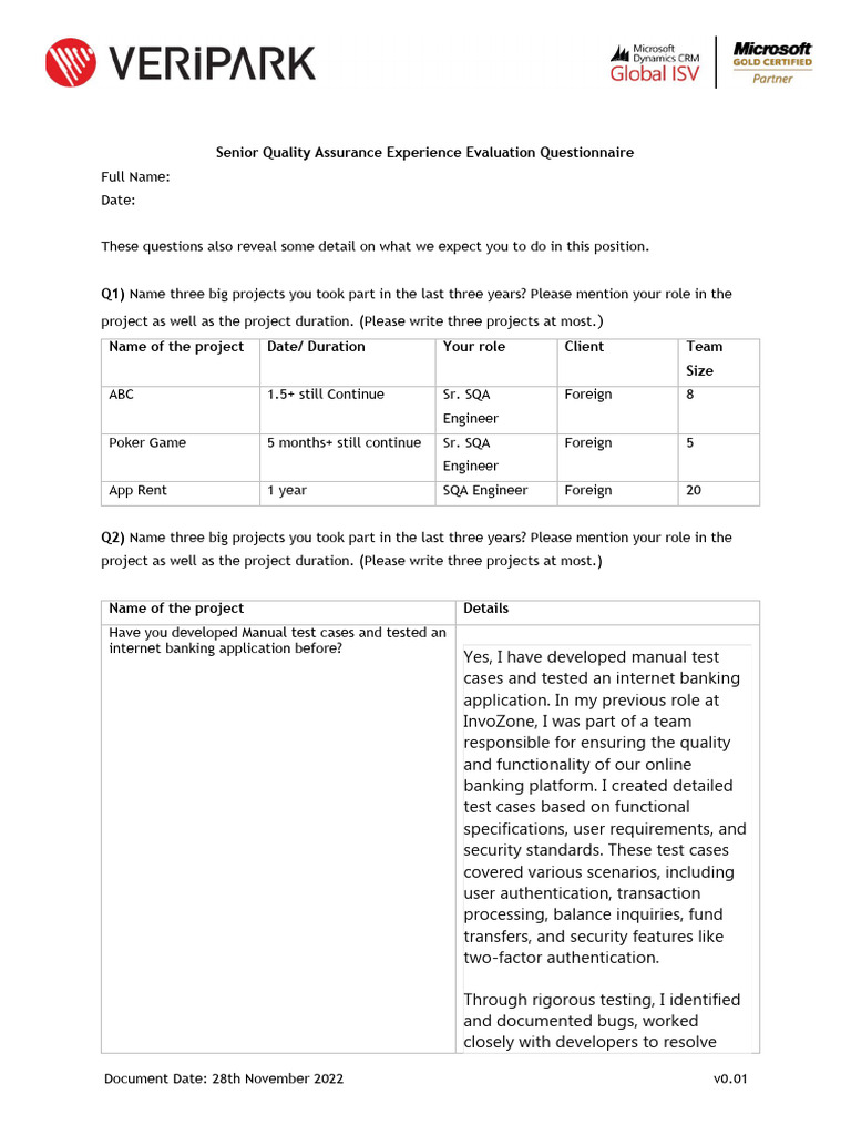 Questionnaire - QA Manual v0.01 | PDF | Customer Relationship ...