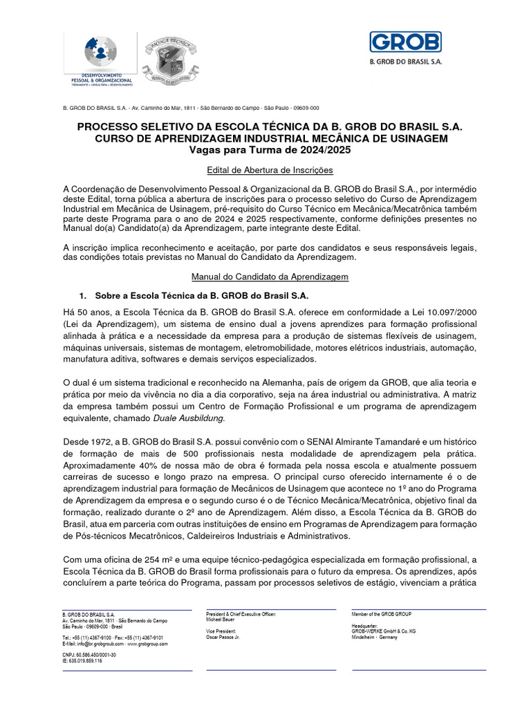 GROB Brasil Processo Selectivo Escola Tecnica 2024 | PDF | Automação ...