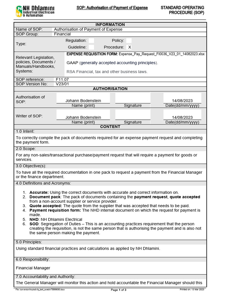 SOP F11 07 15 V23 01 14082023 Auth Pay Exp | PDF | Accounting | Business