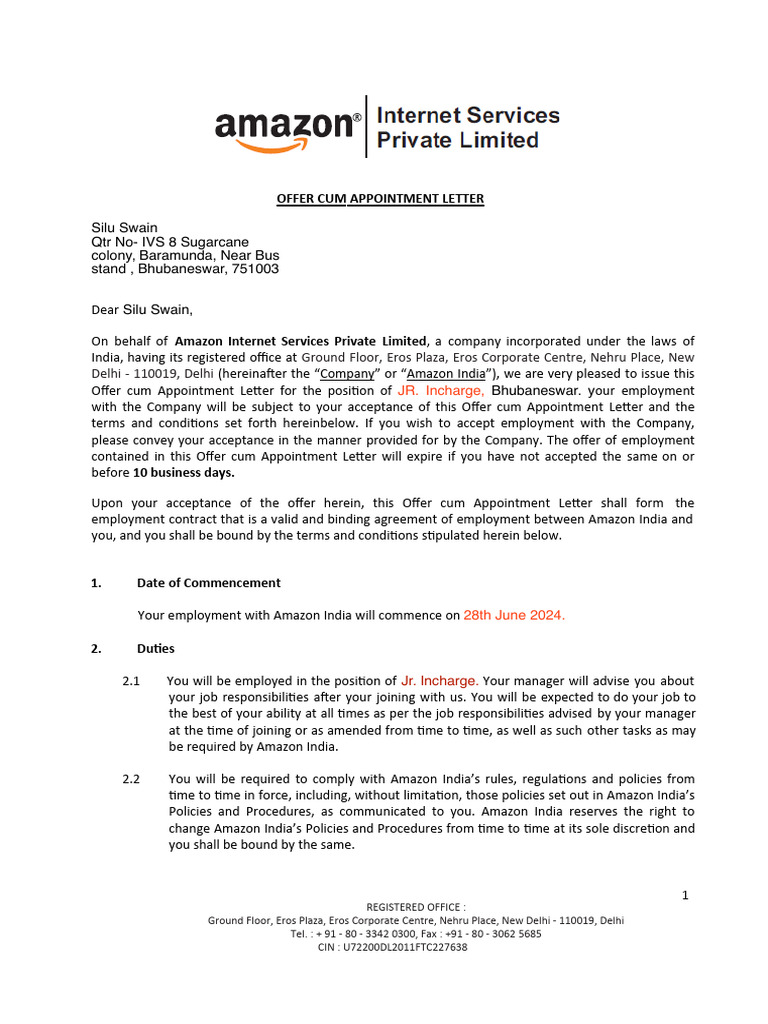 Amazon India Offer Letter for Jr. Incharge | PDF | Legal Remedy | Justice