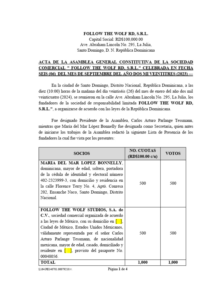 Asamblea General Constitutiva FOLLOW THE WOLF DR S.R.L. S.R.L.docx ... Asamblea General Constitutiva FOLLOW THE WOLF DR S.R.L. S.R.L.docx ...
