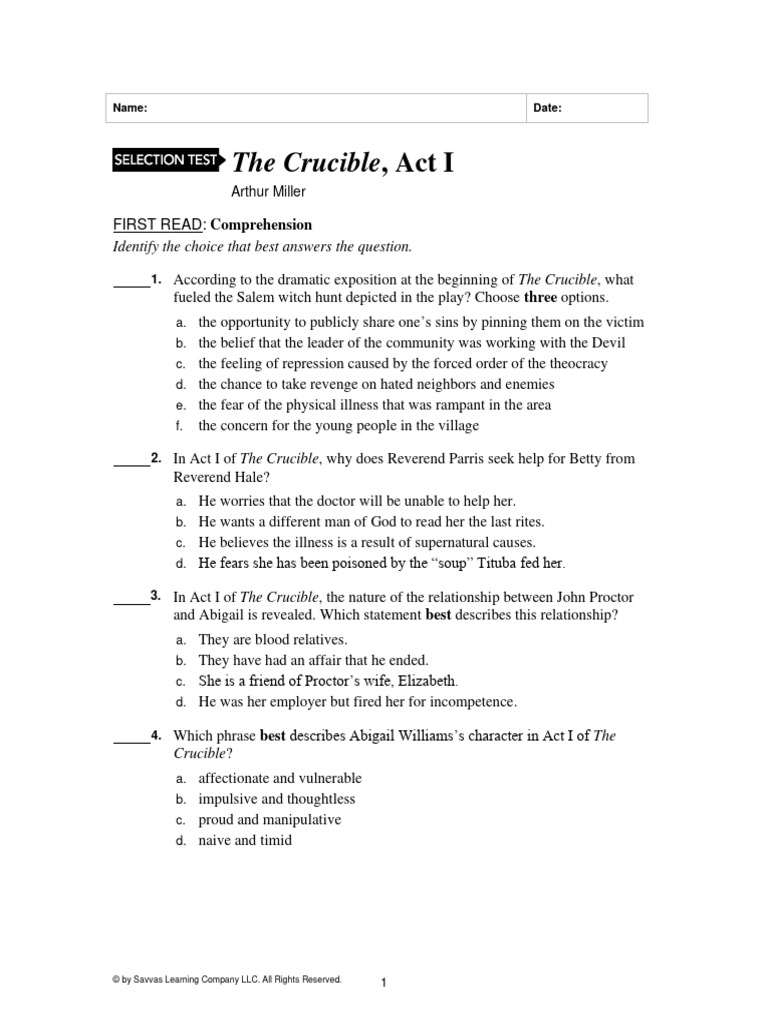 Act I Analysis of The Crucible | PDF