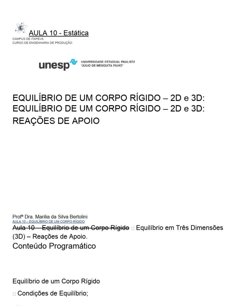 Aula 10 - Equilíbrio de Um Corpo Rígido - Reações de Apoio | PDF ...
