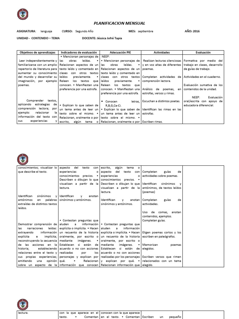 Planificación Lenguaje Septi. 2 | PDF | Comprensión lectora | Evaluación
