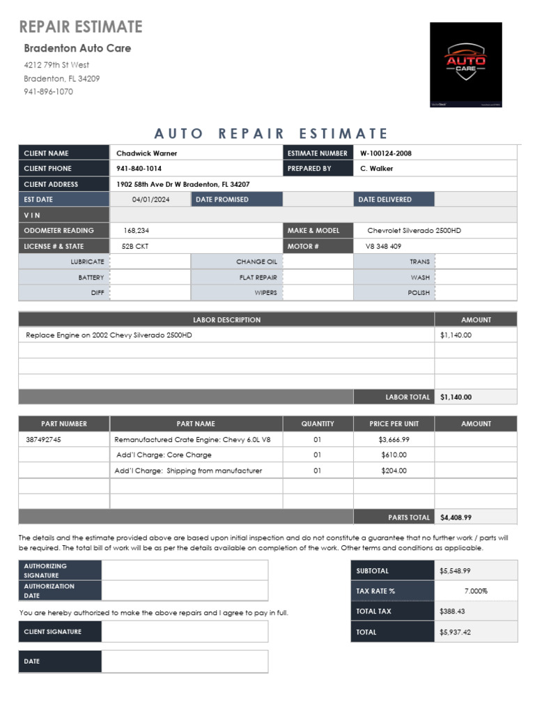 Auto Repair Estimate for Chevy Silverado | PDF | Chevrolet | Industries