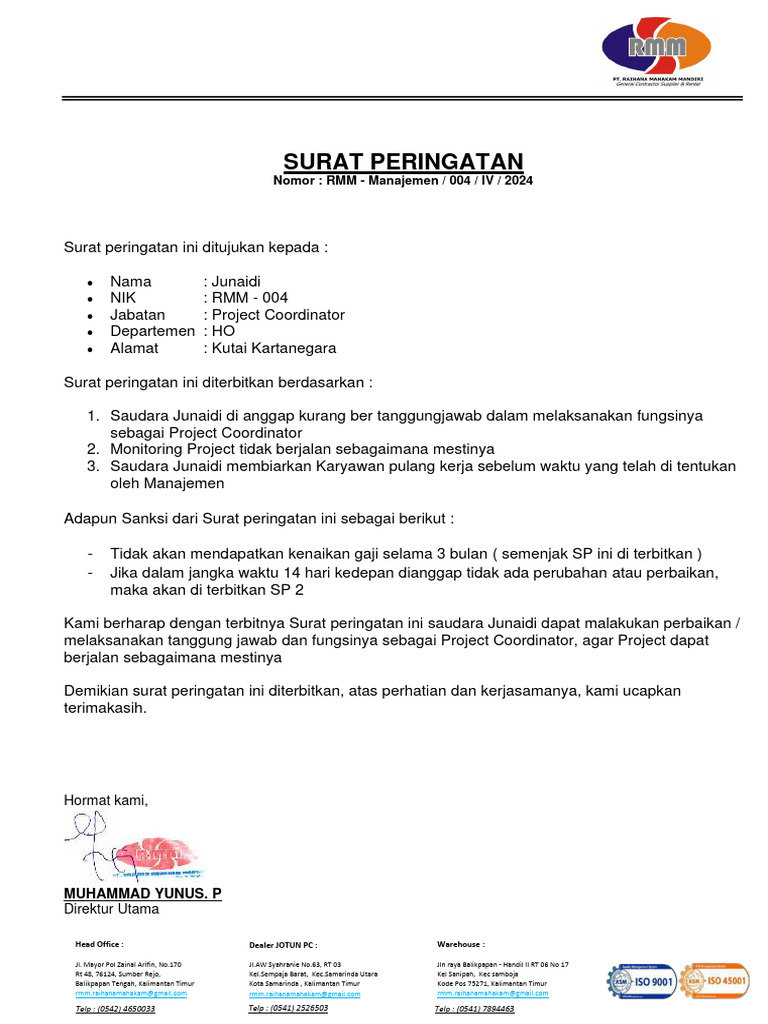 Surat Peringatan 1 - Junaidi | PDF