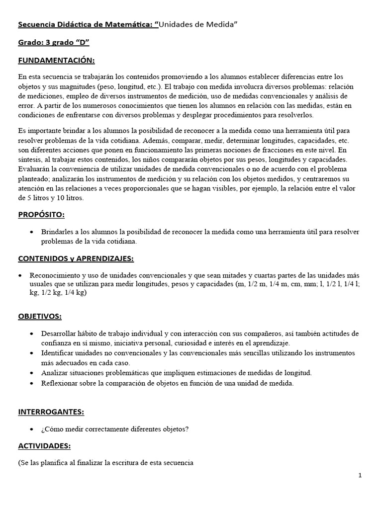 Secuencia Didáctica de Matematica Unidades de Medida | Descargar gratis PDF | Medición | Kilogramo