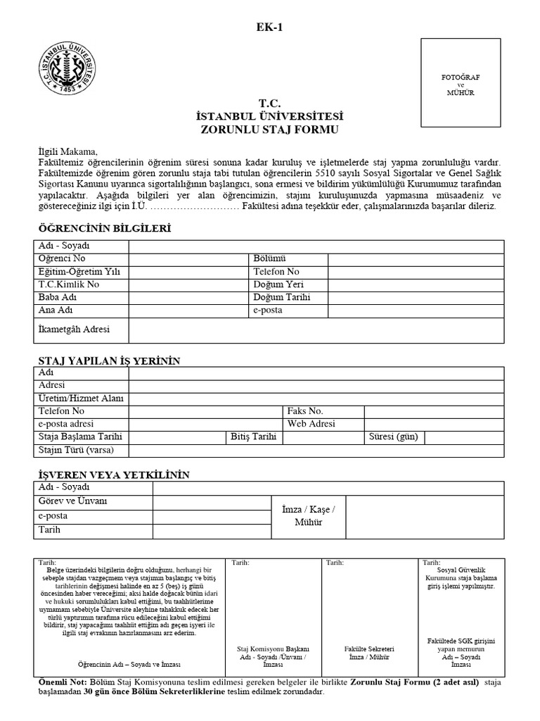 2 Ek 1 Zorunlu Staj Formu20 03 2017 Tarihli 20 Nolu Senato Karari (3) 2 | PDF