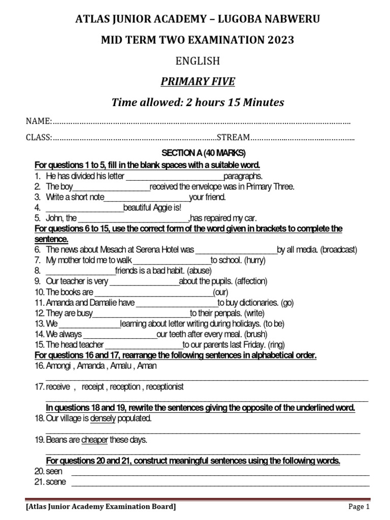 p5 ENGLISH MID TERM TWO EXAMINATION | PDF