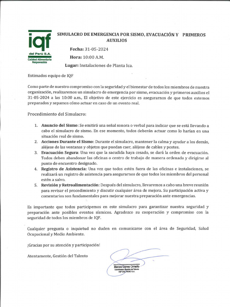 COMUNICADO DE SIMULACRO DE SISMO - PLANTA ICA | PDF