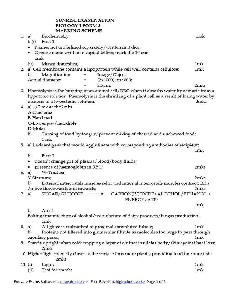 231 BIOLOGY Form 3 EndTerm 1 Marking Scheme - Docx-2 | PDF | Stoma | Osmosis