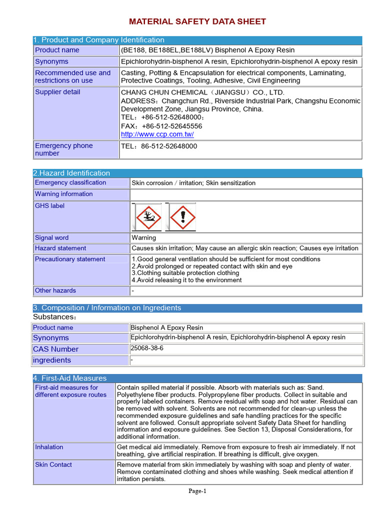 Epoxy Resin BE-188LV-MSDS | PDF | Firefighting | Fires
