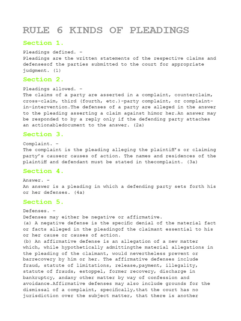Rule 6 Kinds of Pleadings | PDF | Pleading | Complaint