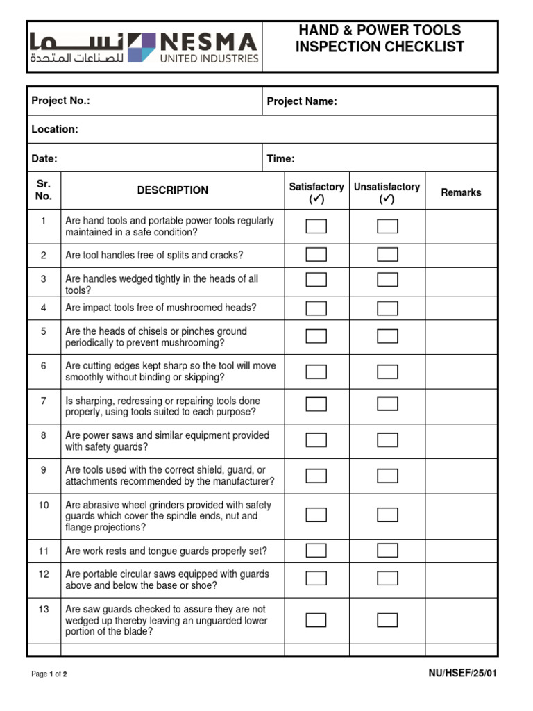 Hand - Power Tools Inspection Checklist | PDF | Tools | Electrical ...