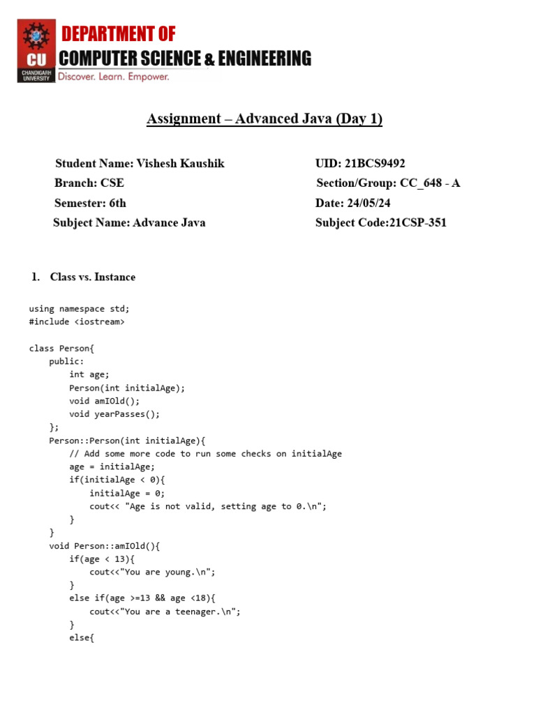 21BCS9492 - Vishesh - JAVA (Day 1) | PDF | Namespace | Computer Engineering