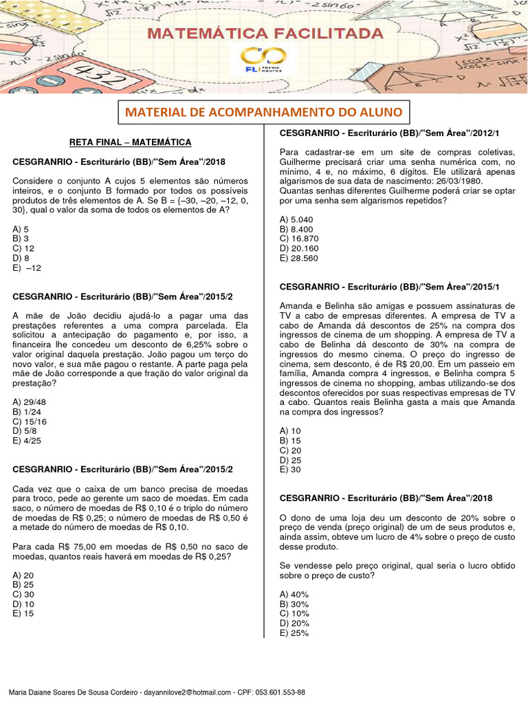 Exercícios Complementares Banco Do Brasil | PDF