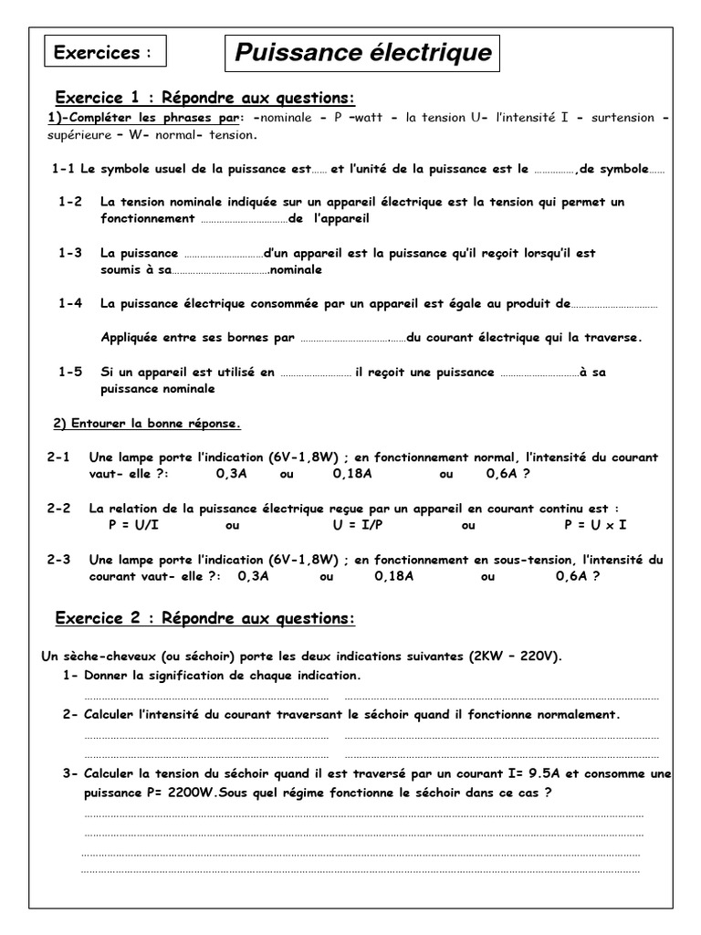 Exercices-La Puissance Électrique | PDF | Puissance (physique ...