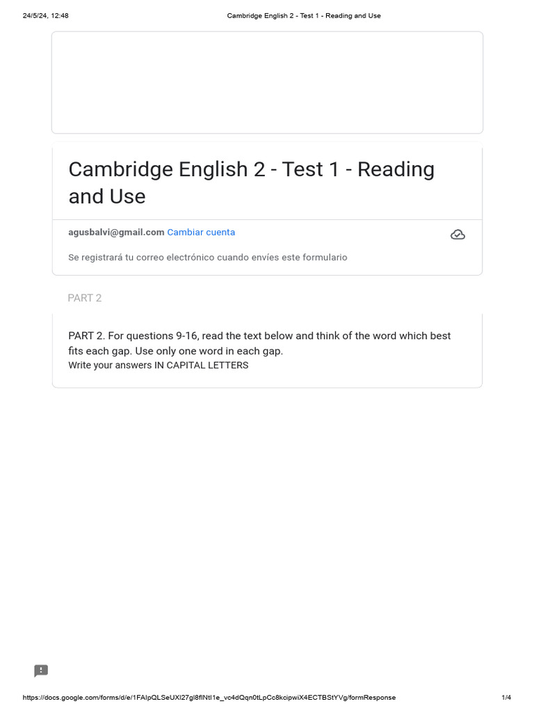 Cambridge English 2 - Test 1 - Reading and Use2 | PDF