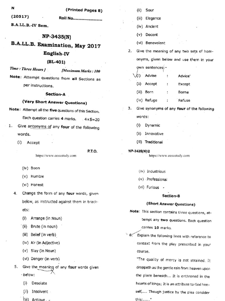 Ballb 4 Sem English 4 NP 3435 N May 2017 | PDF