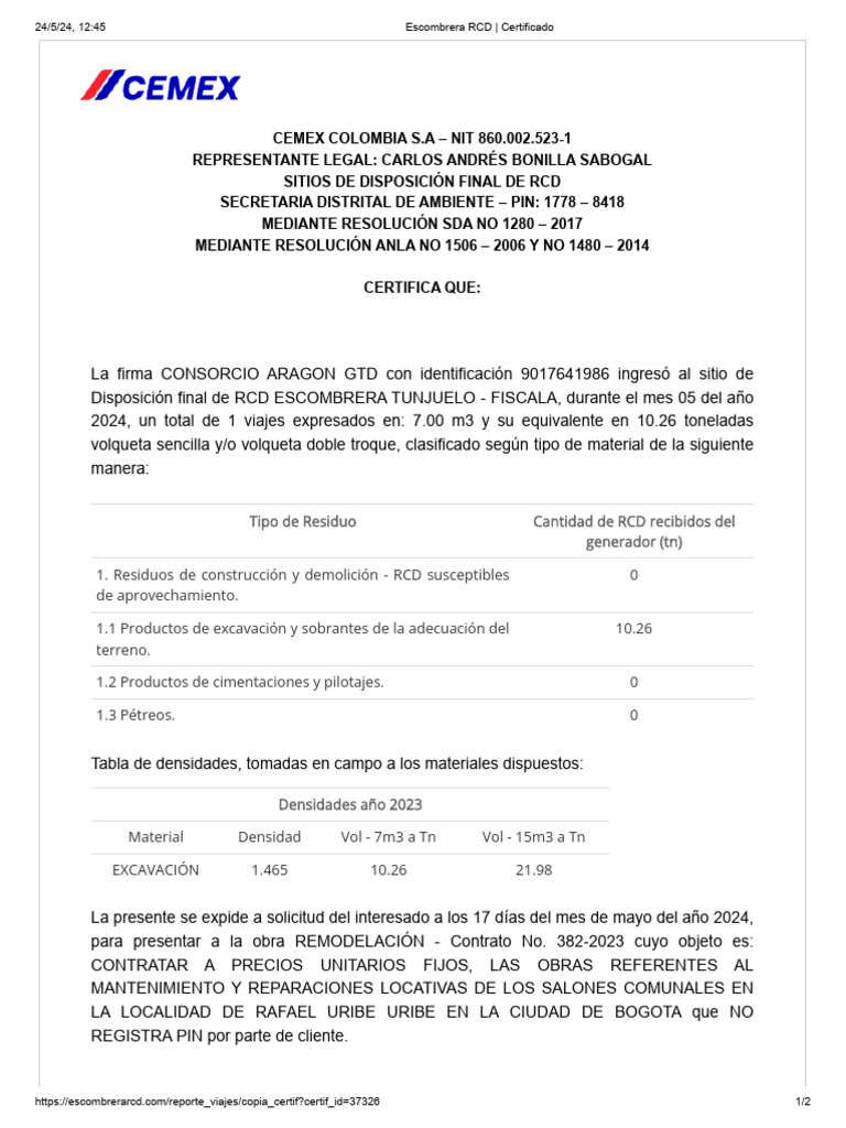 Escombrera RCD - Certificado | PDF