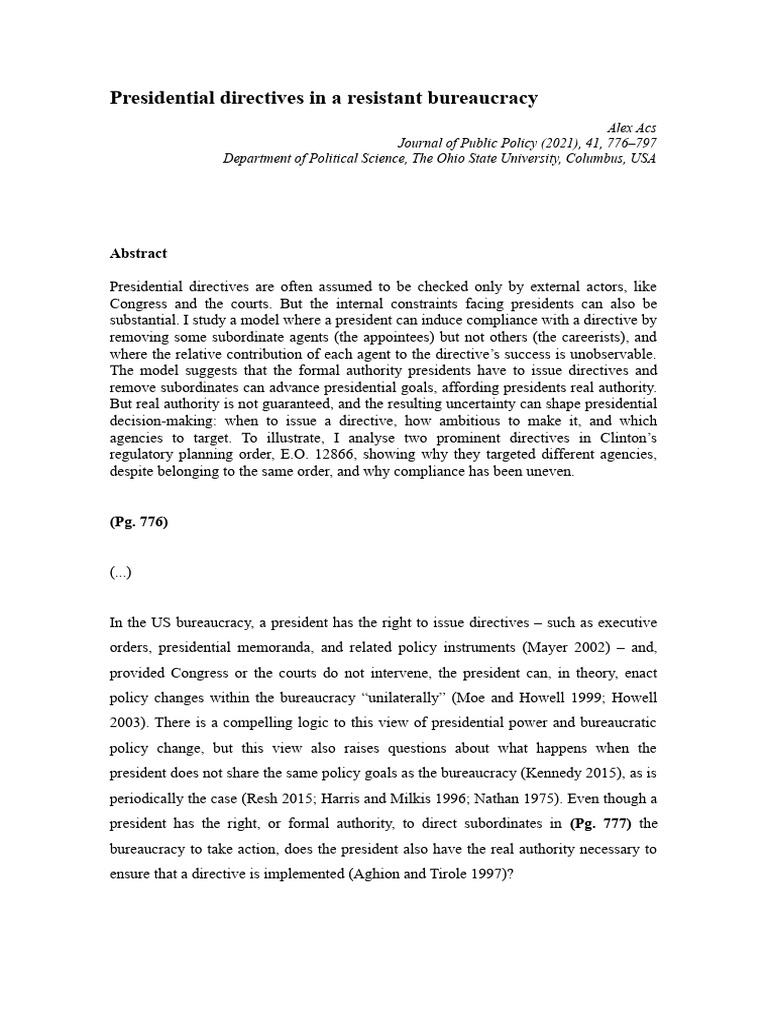 Presidential Directives in A Resistant Bureaucracy | PDF | Policy ...