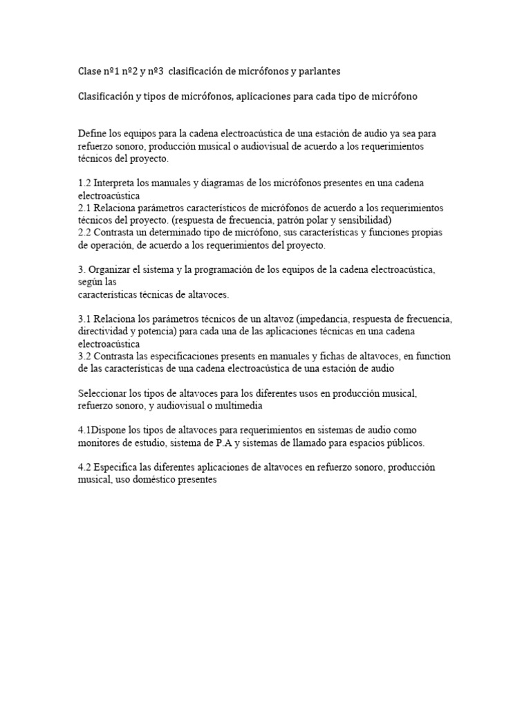 Clase No1 Y No2 Clasificacio N De Micro Pdf Micrófono Altoparlante