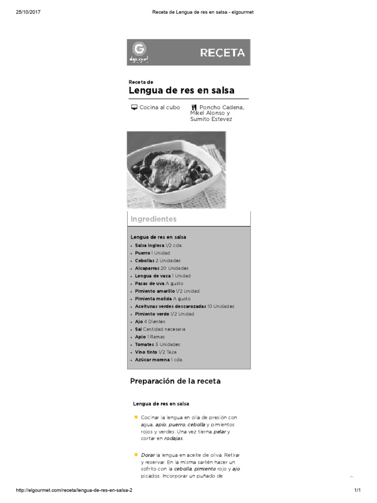 Receta de Lengua de Res en Salsa - Elgourmet | PDF | Cocinando | Cocina ...