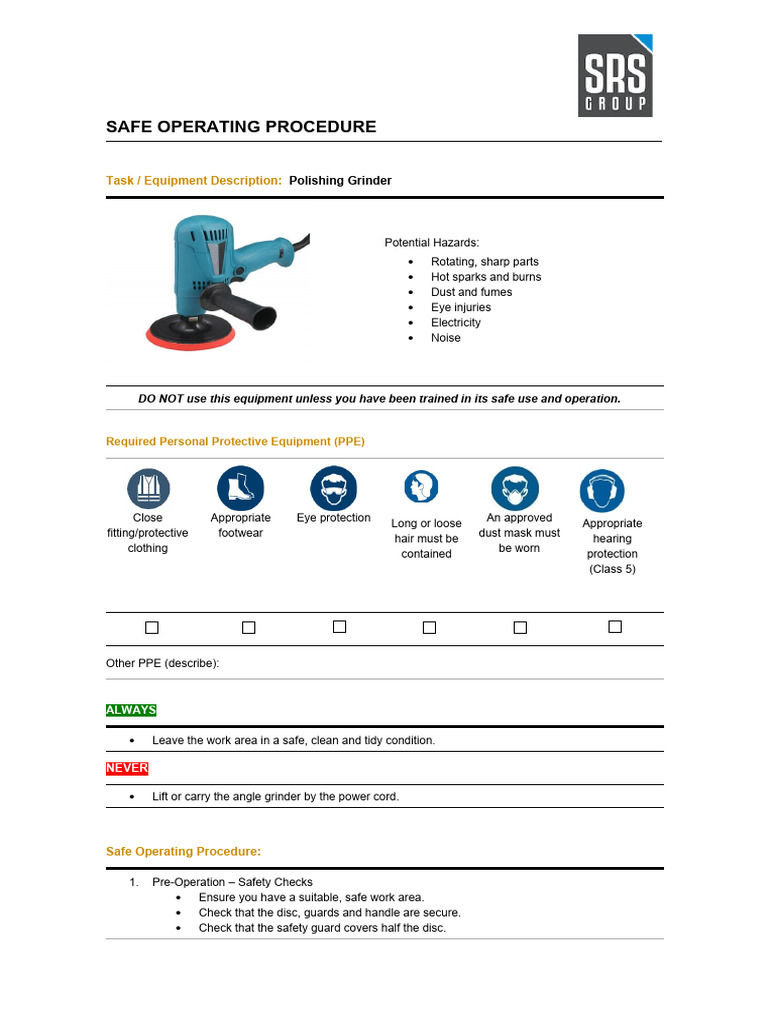 Grinder - Safe Operating Procedure | PDF | Personal Protective ...