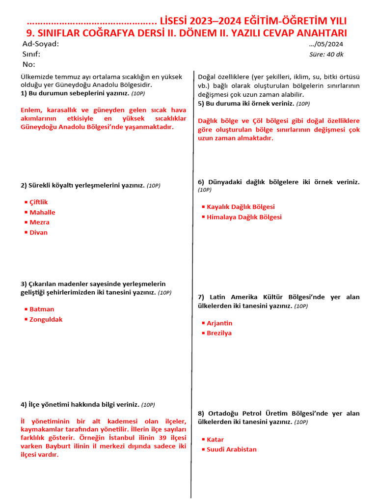 9 Sinif 2 Donem 2 Yazili Cevap Anahtari 2023 2024 | PDF