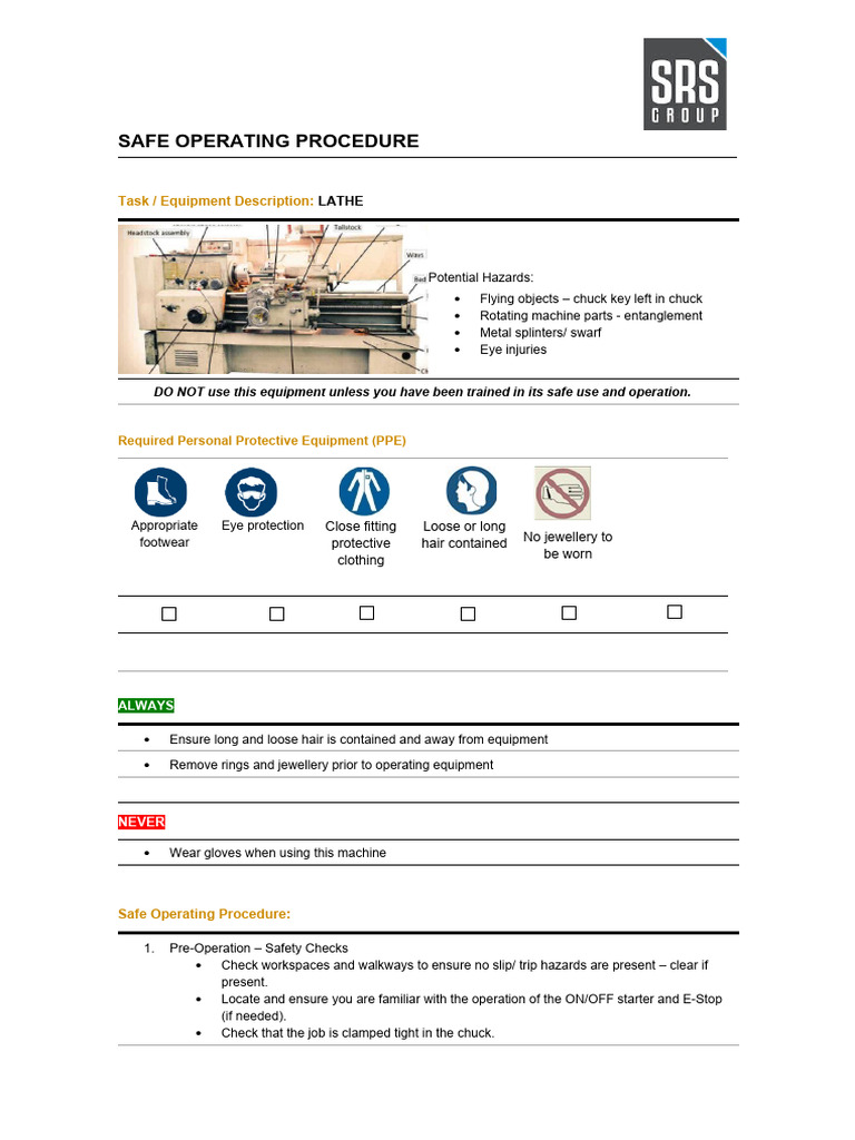 Lathe - Safe Operating Procedure | PDF | Safety