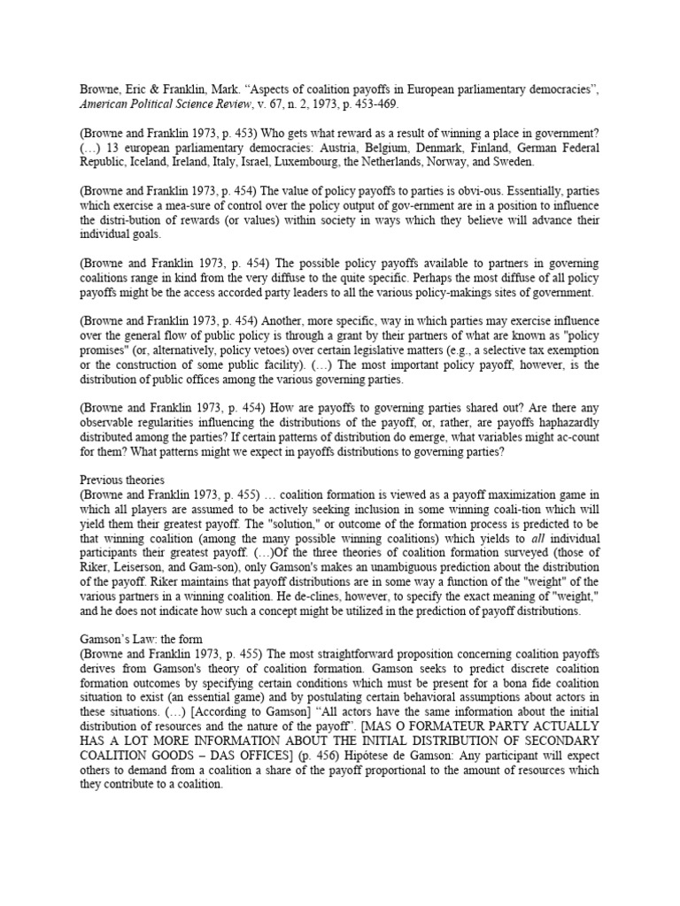 Browne and Franklin 1973 - Coalition Payoffs | PDF | Policy | Information