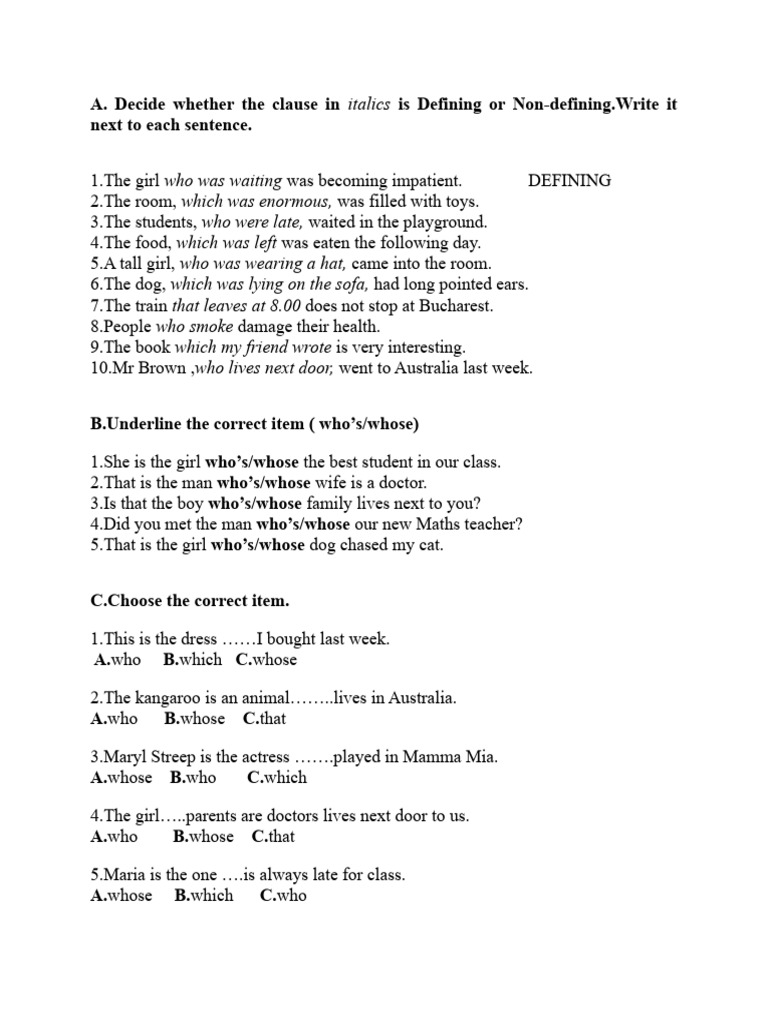 Defining vs Non-Defining Clauses Exercise | PDF