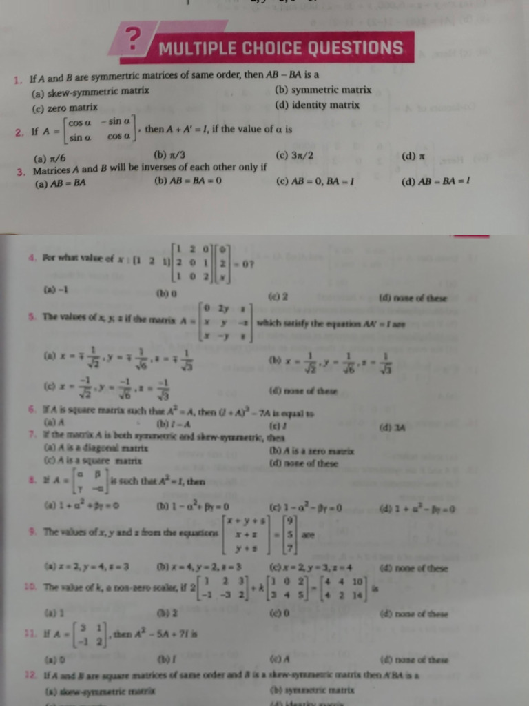 matrices mcq xii_2023 | Download Free PDF | Matrix (Mathematics ...