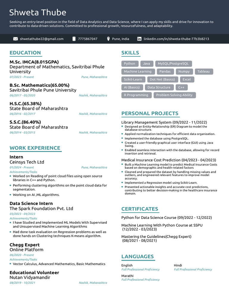 Updated DS Shweta's Resume | PDF | Machine Learning | Computer Science