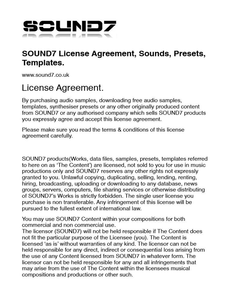 SOUND7 License Agreement | PDF | License | Copyright Infringement