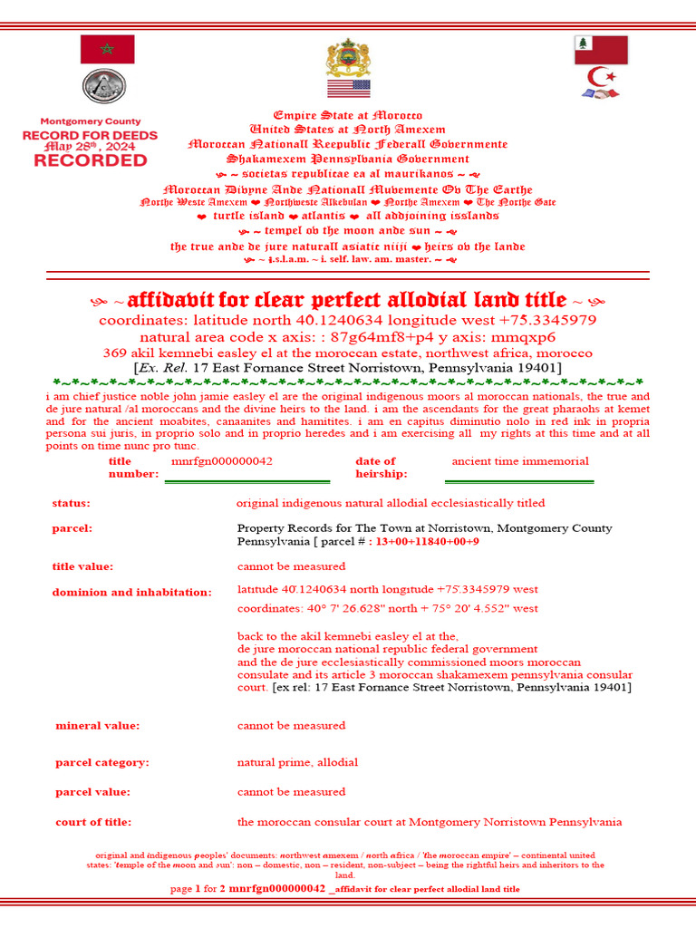 Affidavit of Clear Perfect Allodial Land Title 17 East Fornance Street ...