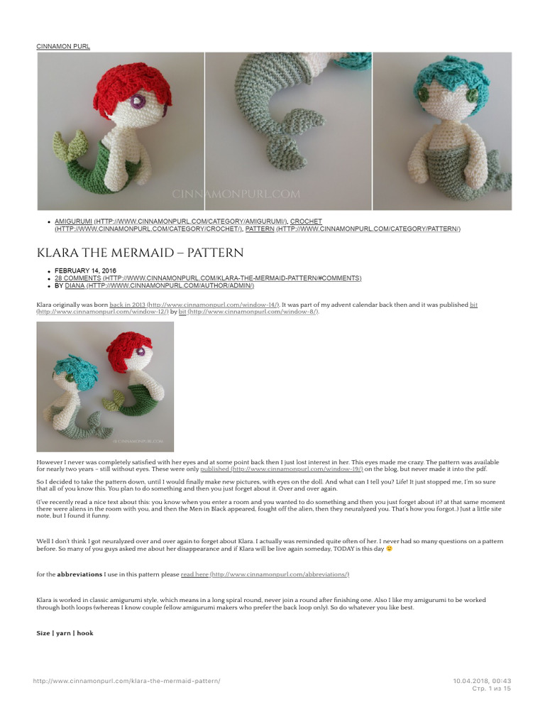 Klara The Mermaid - Pattern - Cinnamon Purl | PDF | Amigurumi | Crochet
